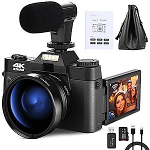 Monitech Compact Digital Camera, 4K Vlogging Camera with Wide-Angle & Macro Lens, Camera for Photography with External Mic, 32GB TF Card