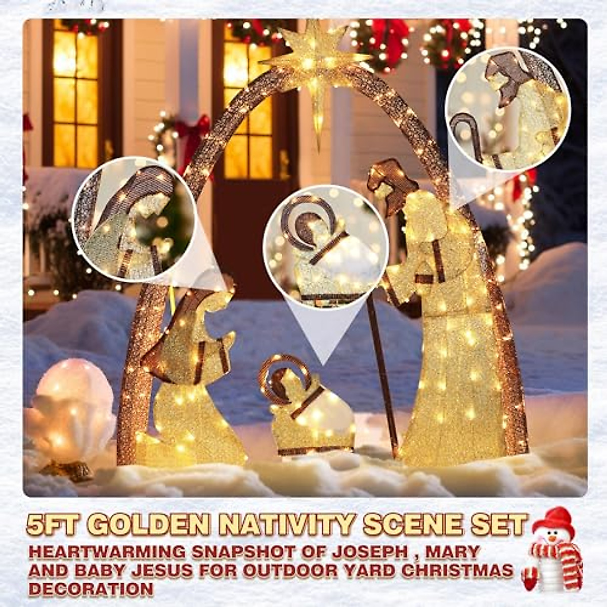 MUPATER Lighted Outdoor Christmas Decoration Nativity Scene, Lighted Christmas Yard Decor Set for Lawn and Home Holiday Party with Lights, Zip Ties and Ground Stakes, Gold