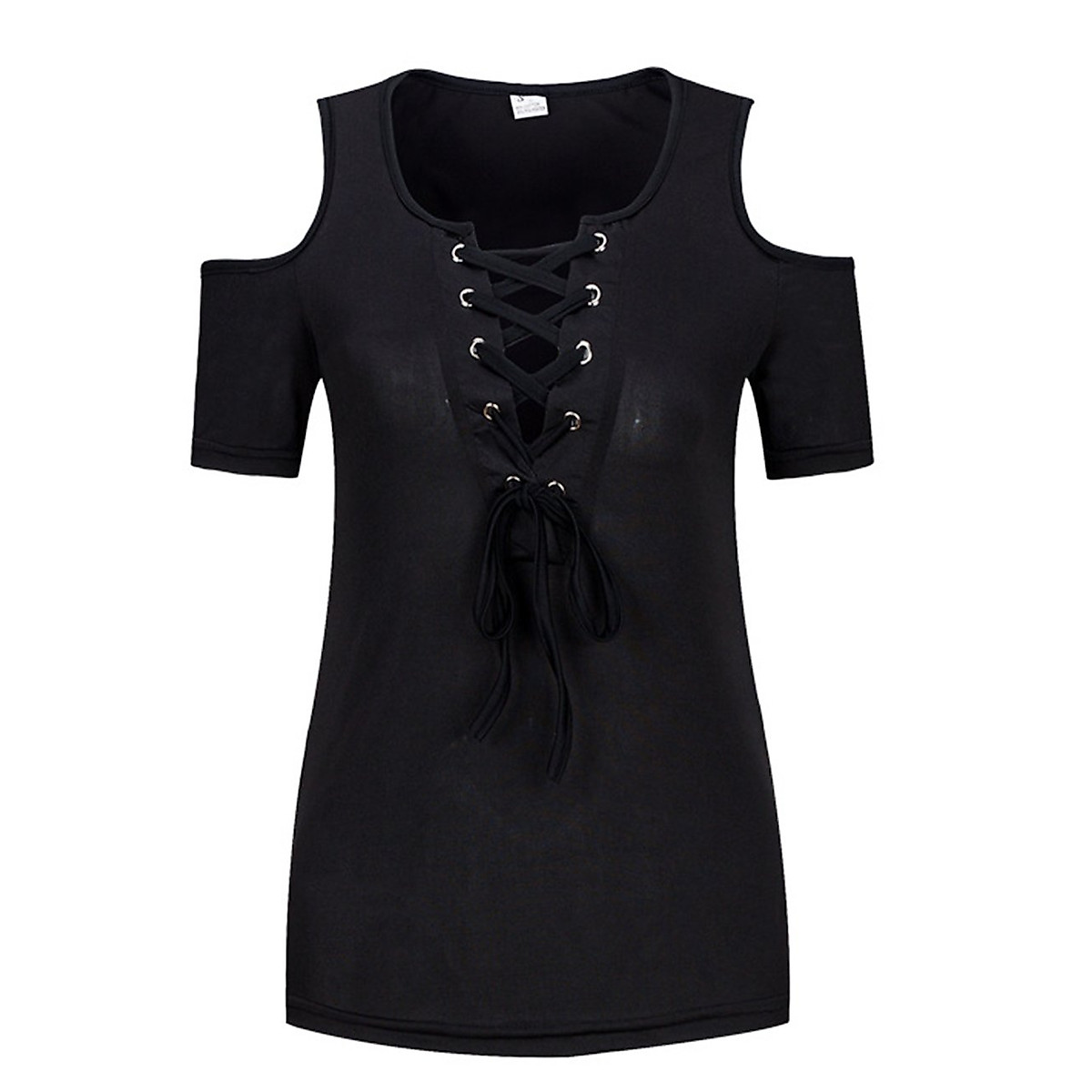 SEMATOMALA Women's Cold Shoulder Sexy Lace Up V Neck Short Sleeve Tee Shirts Tops Clubwear Plus Size BL-3XL Black