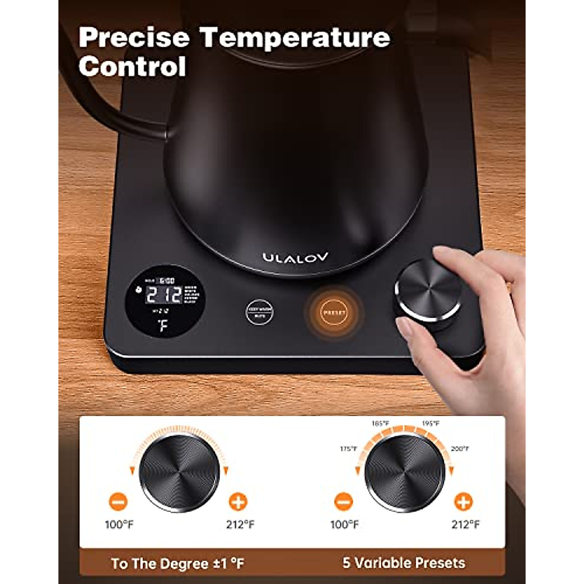 Ulalov Gooseneck Electric Kettle 1.0L with Temperature Control,Ultra Fast Boiling Hot Water Kettle for Pour-Over Coffee/Tea,100% Stainless Steel, 5 Variable Presets, 12H Keep Warm,Leak-Proof, 1200W