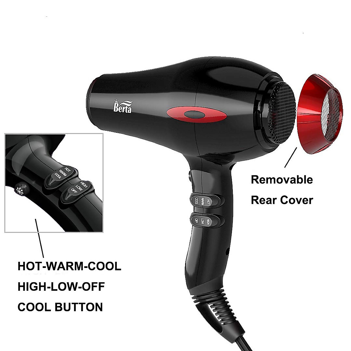 BERTA 1875W Professional Salon Hair Dryer Negative Ionic Blow Dryer, 2 Speed 3 Heat Settings Cool Button with AC Motor, Concentrator Nozzle & Diffuser