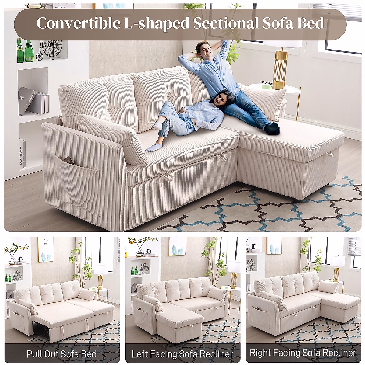 DAMAIFROM Convertible Sofa Bed Sleeper, 3 Seater L-Shaped Sleeper Sectional Sofa with Storage Chaise, Comfy Corduroy Couch, Upholstered Pull Out Sofa Bed for Living Room, Beige