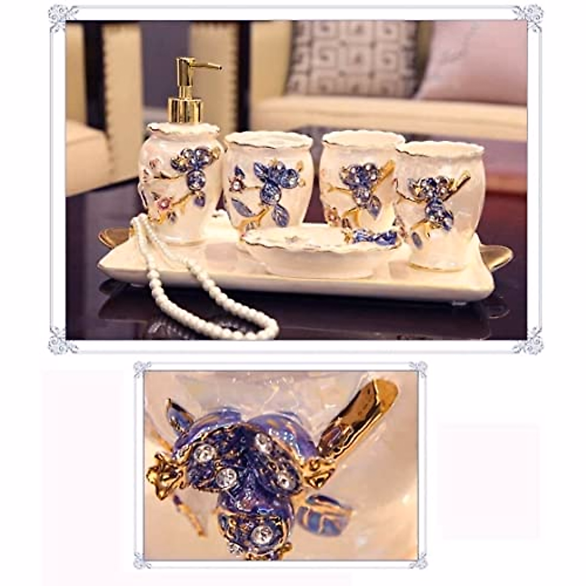 Ceramic Bathroom Five-Piece Set, Three-red Pomegranate Drill Dental Ware, Mouth Cup, Bathroom Washing Set (Color : Blue)