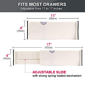 Drawer Dividers Organizer 5 Pack, Adjustable Separators 4" High Expandable from 11-17" for Bedroom, Bathroom, Closet,Clothing, Office, Kitchen Storage, Strong Secure Hold, Foam Ends, Locks in Place