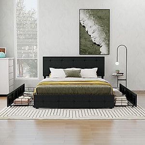 Tuconia Linen Upholstered Platform with 4 Storage Drawers Bed Frame with Headboard and Wooden Slats Support Easy Assembly Queen Size Black