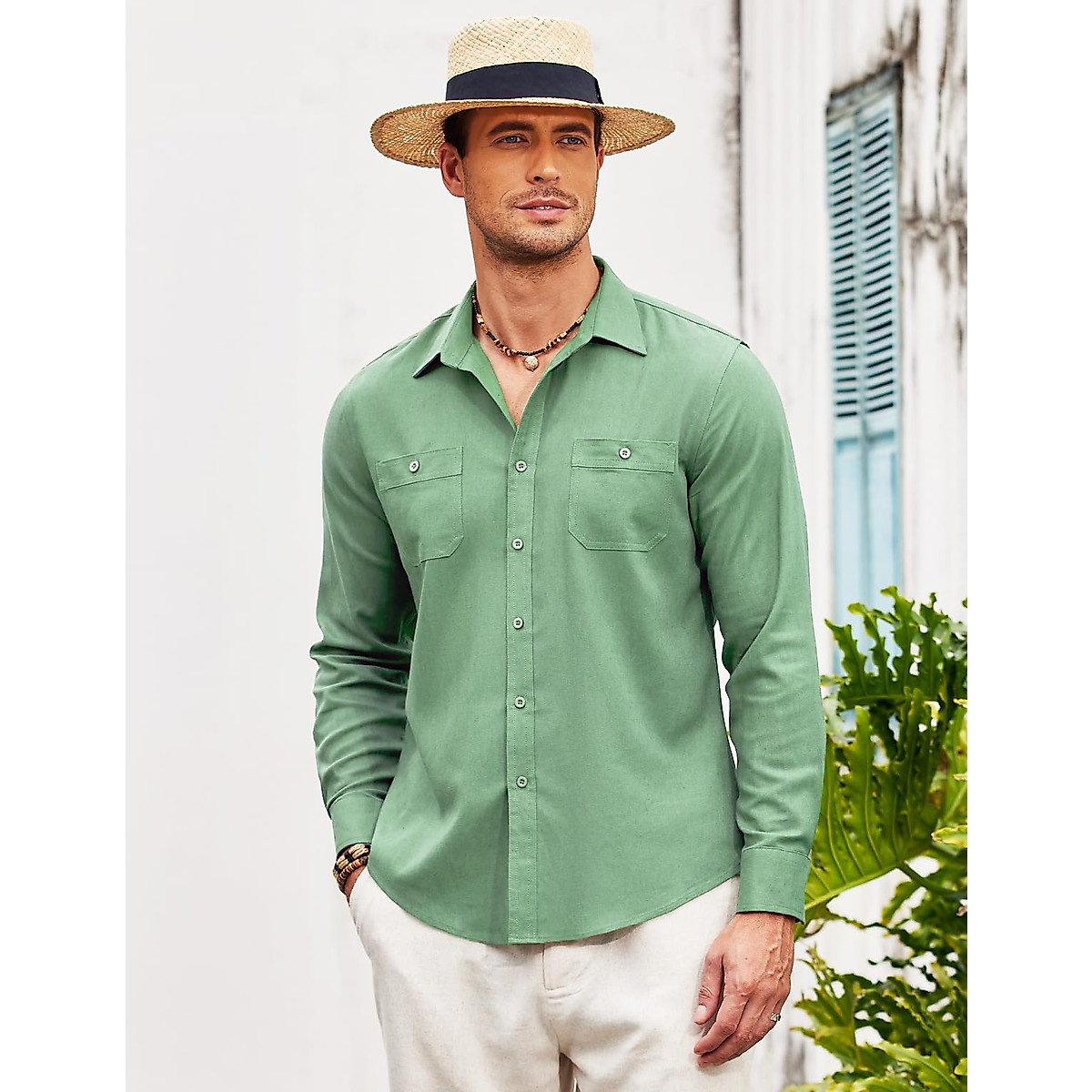 COOFANDY Men's Linen Shirt Long Sleeve Two Pockets Plain Lightweight Shirts