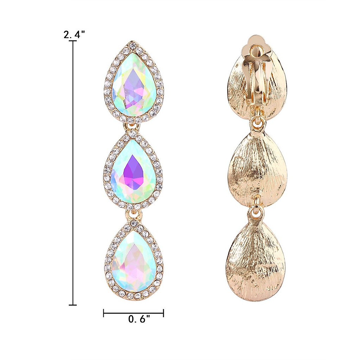 EleQueen Women's Gold-tone Austrian Crystal Teardrop Pear Shape 2.4 Inch Long Clip-on Dangle Earrings Iridescent AB