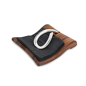 nambe Breeze Napkin Holder | Tabletop Napkin Tray for Parties, Weddings, and Events | Made of Acacia Wood and Stainless Steel | Measures at 9" x 7.5" x 3" | Designed by Neil Cohen