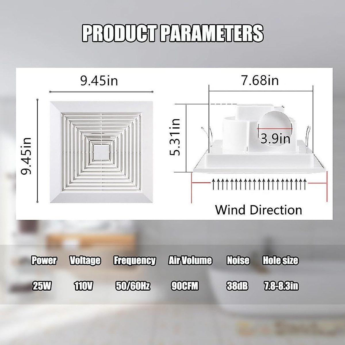 RLOZUI 8 inch Bathroom Exhaust Fan, 25W 90 CFM Bathroom Ventilation Fan Shower Ceiling Ventilation White Square Extractor Fan For Bathroom Kitchen Restroom Home Office