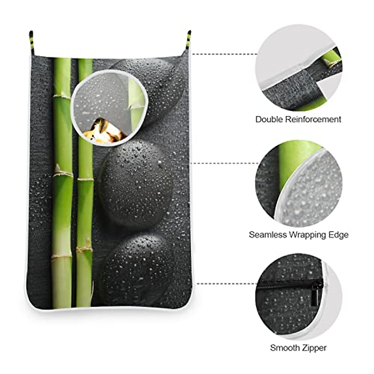 Poeticcity Black Zen Basalt Stones with Dew Green Bamboo on Dark Hanging Laundry Hamper Bag, Dirty Clothes Bag Over The Door, Wall Cloth Basket with Hooks Storage Closet for Bathroom Bedroom
