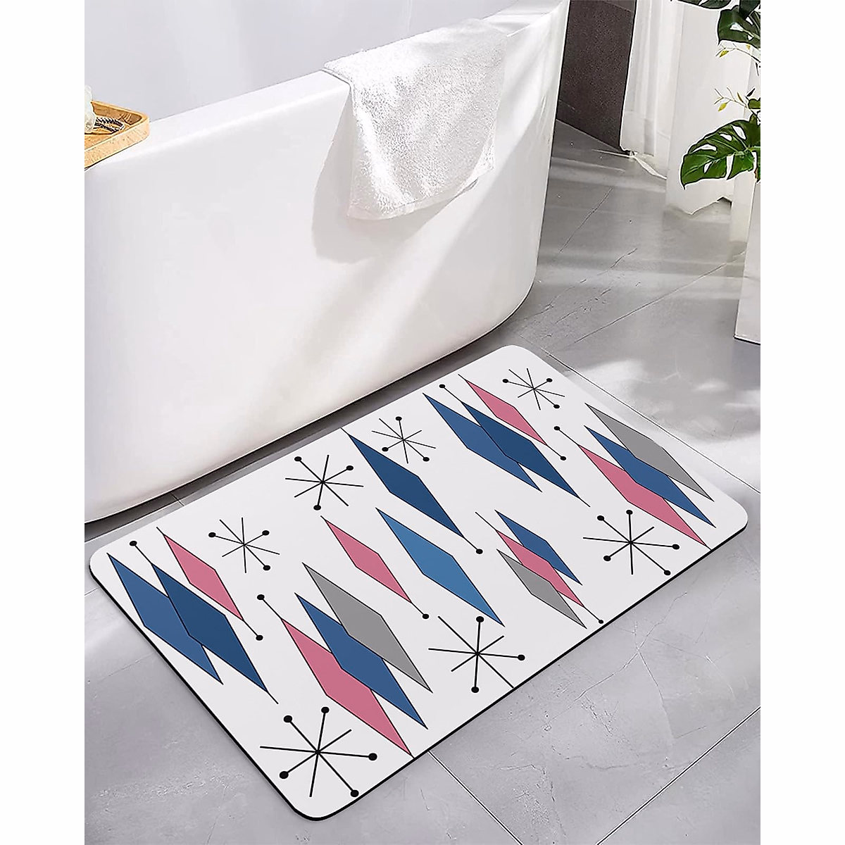 Blue Rose Red Bath Mat for Bathroom Rugs Non Slip, Bath Mat Quick Dry Absorbent Bath Rug, Thin Rubber Backed Easy to Clean, Geometric Middle Century Diamond 16"x24"