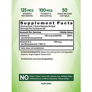 Vitamin K2 MK7 Complex | 100 mcg | 50 Softgels | with Vitamin D3 | Non-GMO & Gluten Free Supplement | by Nature's Truth