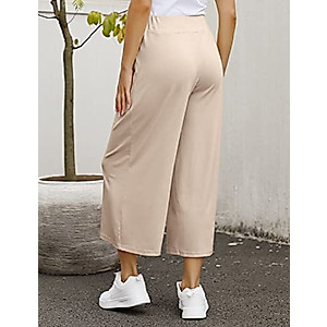 GlorySunshine Womens Linen Wide Leg Pants Elastic Waist Solid Palazzo Casual Loose Drawstring Trousers with Pockets New-Apricot L