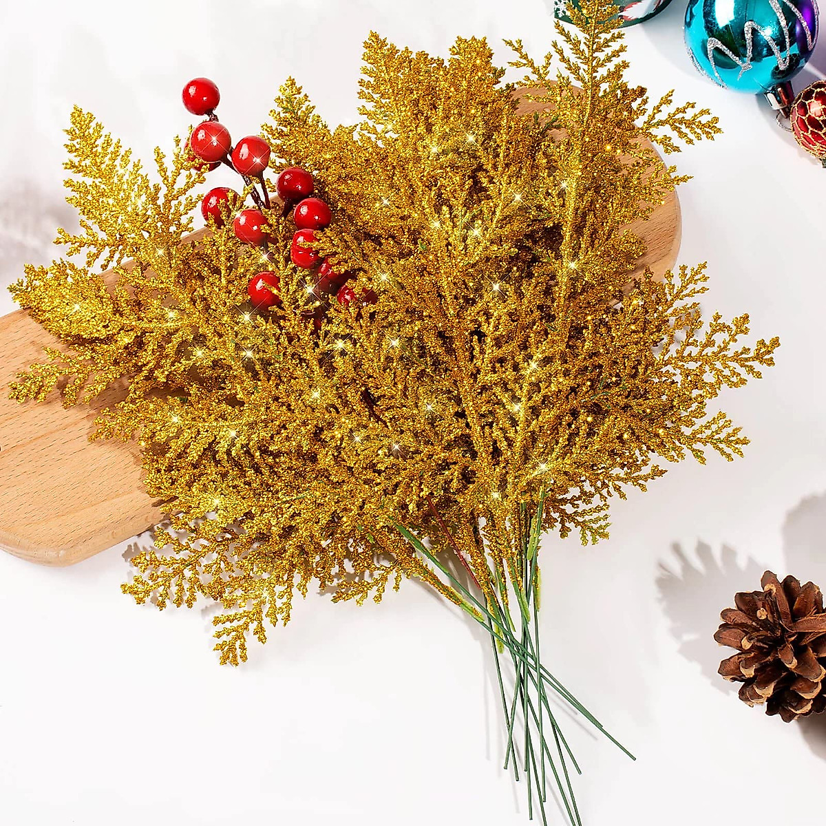 TORINALITAL 22PCS Christmas Tree Picks Sprays, Gold Glitter Artificial Pine Needles Faux Christmas Floral Picks Branches for Christmas Tree Wreath Wedding Bouquet Winter Seasonal Holiday Decoration