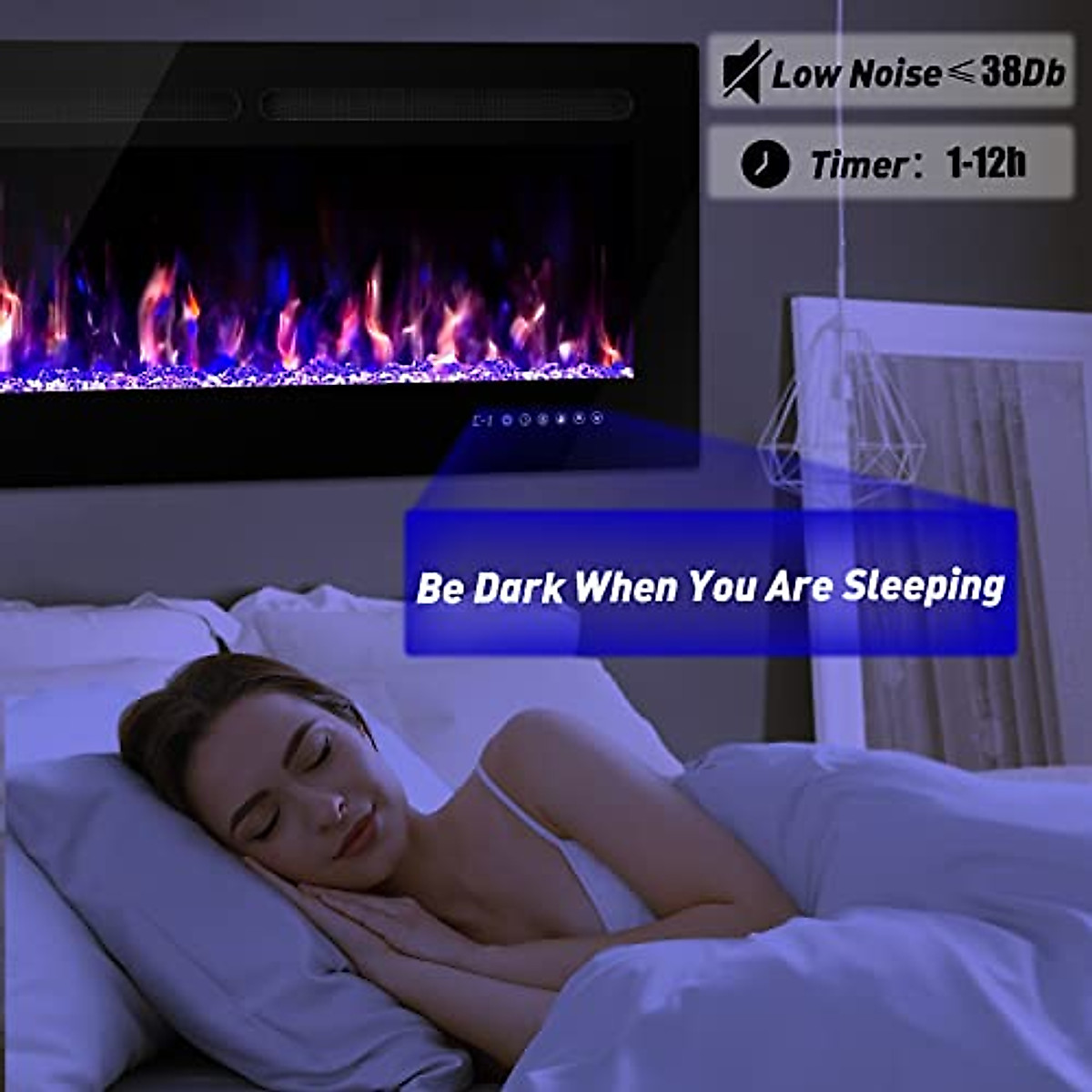 ALPACA 60" Electric Fireplace Recessed and Wall Mounted Linear Fireplace, 750/1500W the Thinnest Fireplace Low Noise Touch Screen with Timer and Remote Control Adjustable Multicolor Flame Color, Black