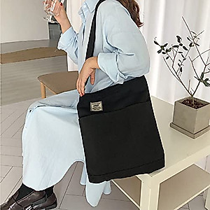 Canvas Crossbody Tote Bag Black Hobo Handbag Shoulder Bag for Women Teen Girls Cotton Casual Tote Bag with Zipper and Pockets Students Schoolbag Valentine's Day Gift