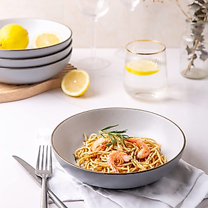 AmorArc 8.5'' Stoneware Pasta Bowls, 32oz Large Speckled Bowls Set of 4 for Kitchen, Wide & Flat Bowls for Pasta,Salad,Oatmeal, Microwave&Dishwasher Safe, Matte Gray