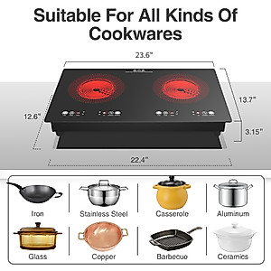 VBGK Electric cooktop,110V 24 inch 2 Burner Electric Cooktop,Built-in and Countertop Electric Stove Top,2200W Electric Stove,9 Power Levels, Kids Lock & Timer,LED touch control,Overheat Protection