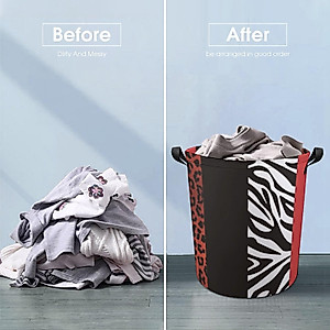 Red Leopard And Zebra Animal Print Laundry Basket Large Round Canvas Laundry Hamper with Handles Foldable Storage Bin for Dirty Clothes Hamper Bedroom Bathroom