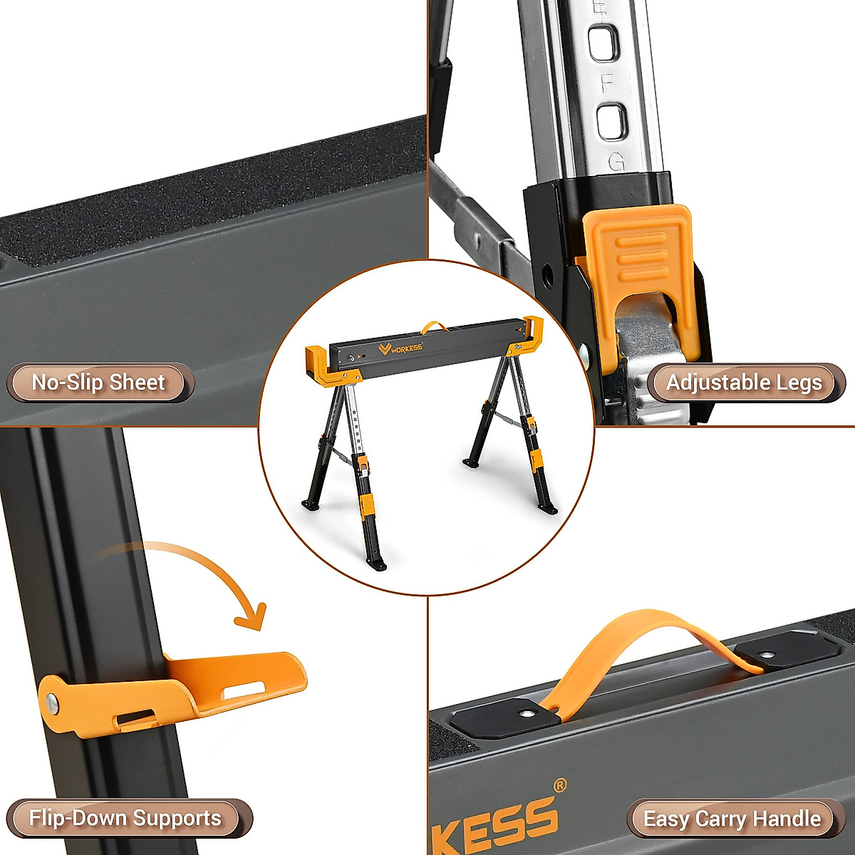 WORKESS Saw Horses 2 Pack Folding, 2600 Lbs Load Capacity & 24-32 Inch Adjustable Height Heavy Duty Sawhorse Table with 2x4 Support Arms, Portable Folding Legs and Easy Grip Handle for Woodworking