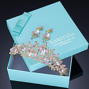 Kamirola Wedding Crown Bridal Tiaras with Earrings Pink Purple Headband for Women and Girls (Pink) …