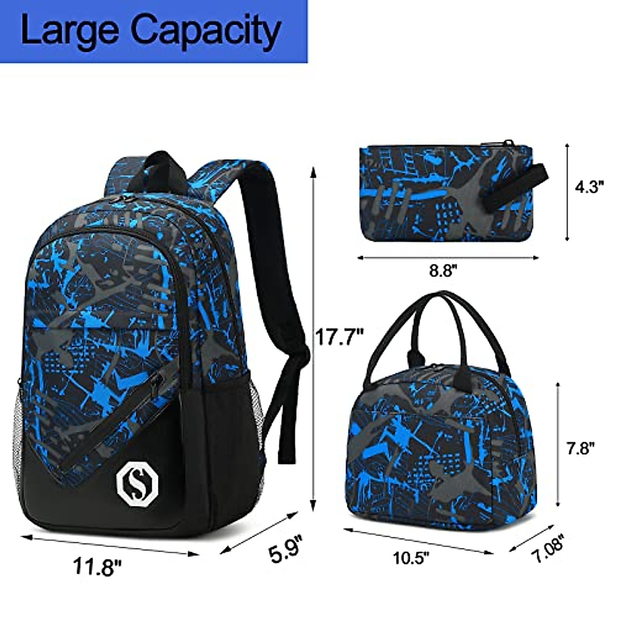 School Backpacks for Boys Teens Bookbag Elementary Backpack Set with Lunch Box and Pencil Case (Blue 1)