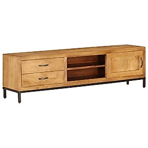vidaXL Retro TV Stand with Storage - Solid Mango Wood TV Cabinet with Steel Legs - Sideboard with Shelves and Drawers - 55.1"x11.8"x15.7" - Brown