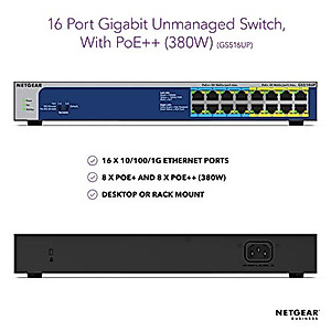 NETGEAR 16-Port Gigabit Ethernet Unmanaged PoE Switch (GS516UP) - with 8 x PoE+ and 8 x PoE++ @ 380W, Desktop/Rackmount, and ProSAFE Lifetime Protection