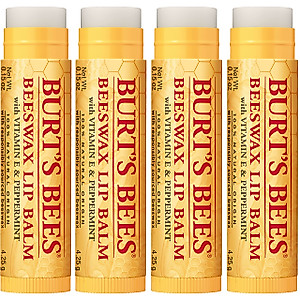 Burt's Bees Lip Balm Easter Basket Stuffers, Moisturizing Lip Care Spring Gift, for All Day Hydration, 100% Natural, Original Beeswax with Vitamin E & Peppermint Oil (4 Pack)