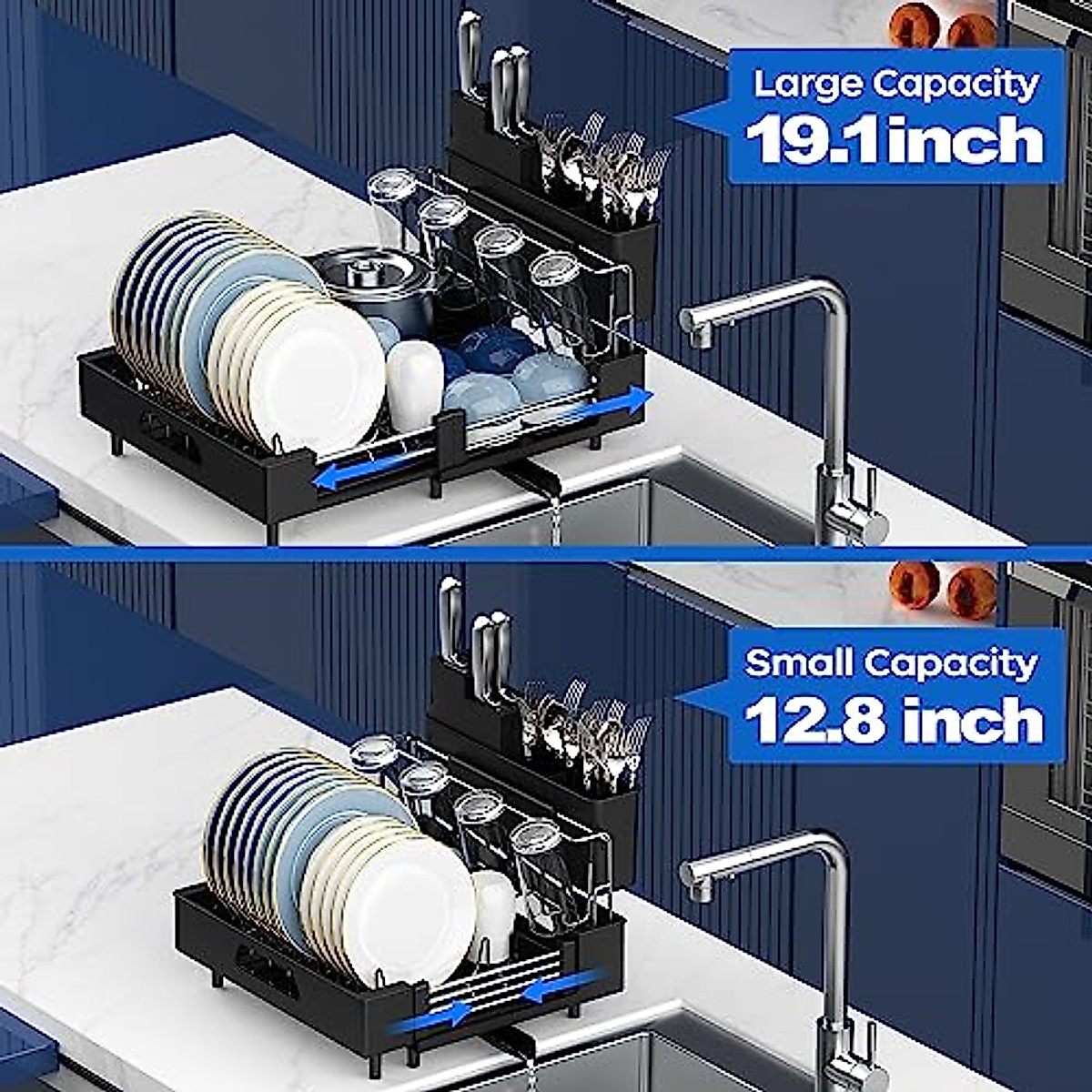 ROTTOGOON Expandable Dish Drying Rack, Stainless Steel Rustproof Dish Rack for Kitchen Counter, (12.8"-19.1") Dish Drainer with Drainage, Utensil Holder, Cup Holder for Various Kitchenware, Black