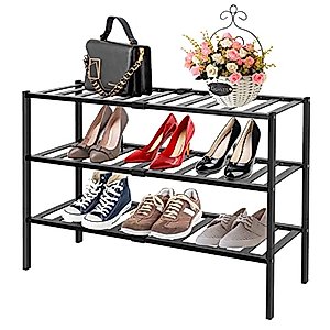 Allinside Bamboo Shoe Rack, 3 Tiers Shoe Storage Organizer, Durable Shoe Shelf Stand for Closet, Entryway, Hallway, Bathroom (Black)