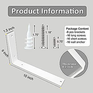Shelf Brackets 10 Inch Wall Brackets L Brackets 8PCS Heavy Duty Brackets for Shelves Metal White Rustic Industrial Brackets for DIY Opening Shelves Project Hardware Included