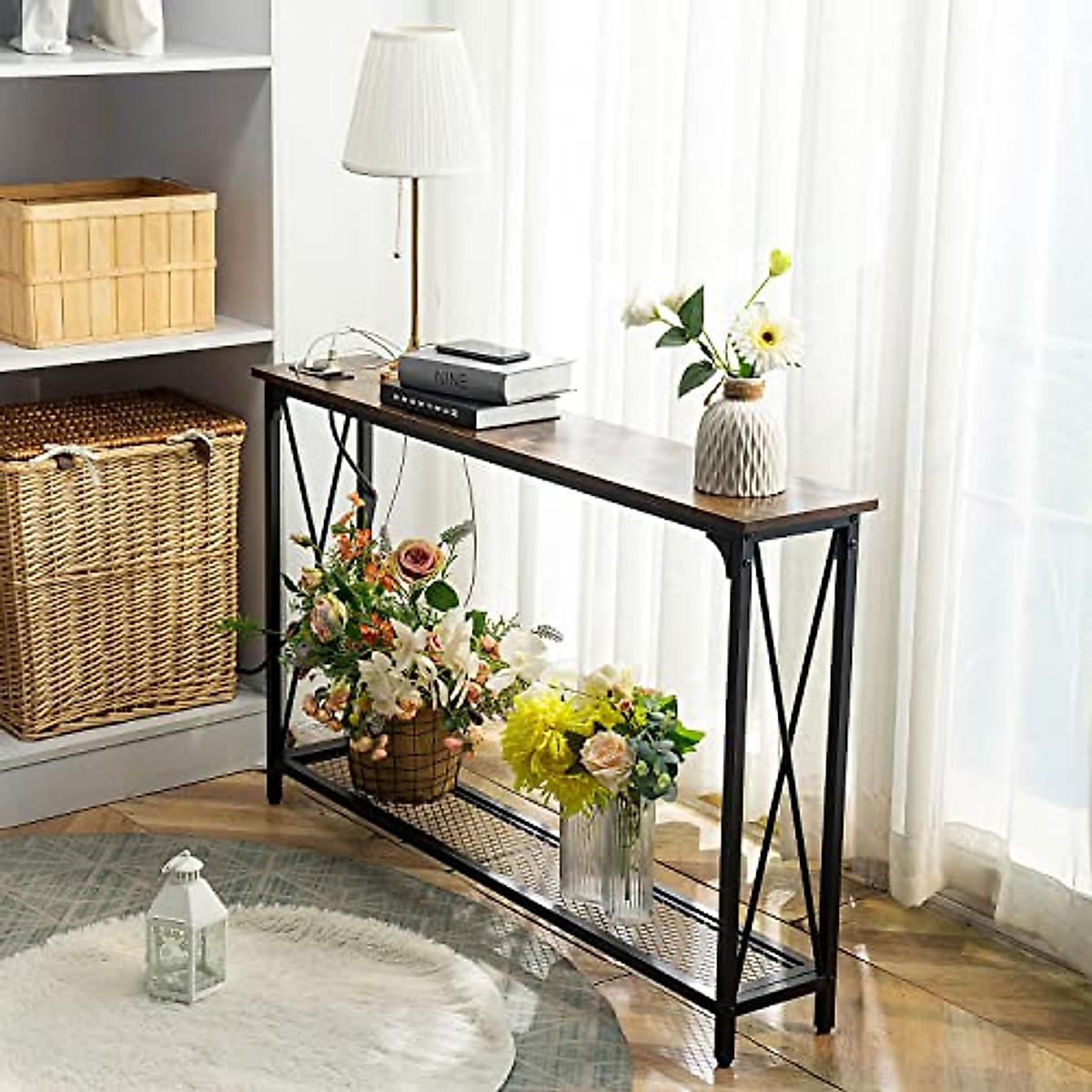 Yoobure Console Tables for Entryway, 47.3", Sofa Entryway Tables Narrow Long, Entry Table with USB Ports, Behind Couch Entrance Hallway Table, with Stable Metal Support, Living Room, Rustic Brown