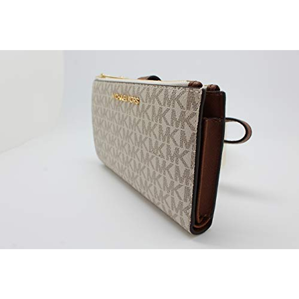 Michael Kors Jet Set Travel Double Zip Wristlet - Signature PVC (Vanilla PVC/Dark Acorn)