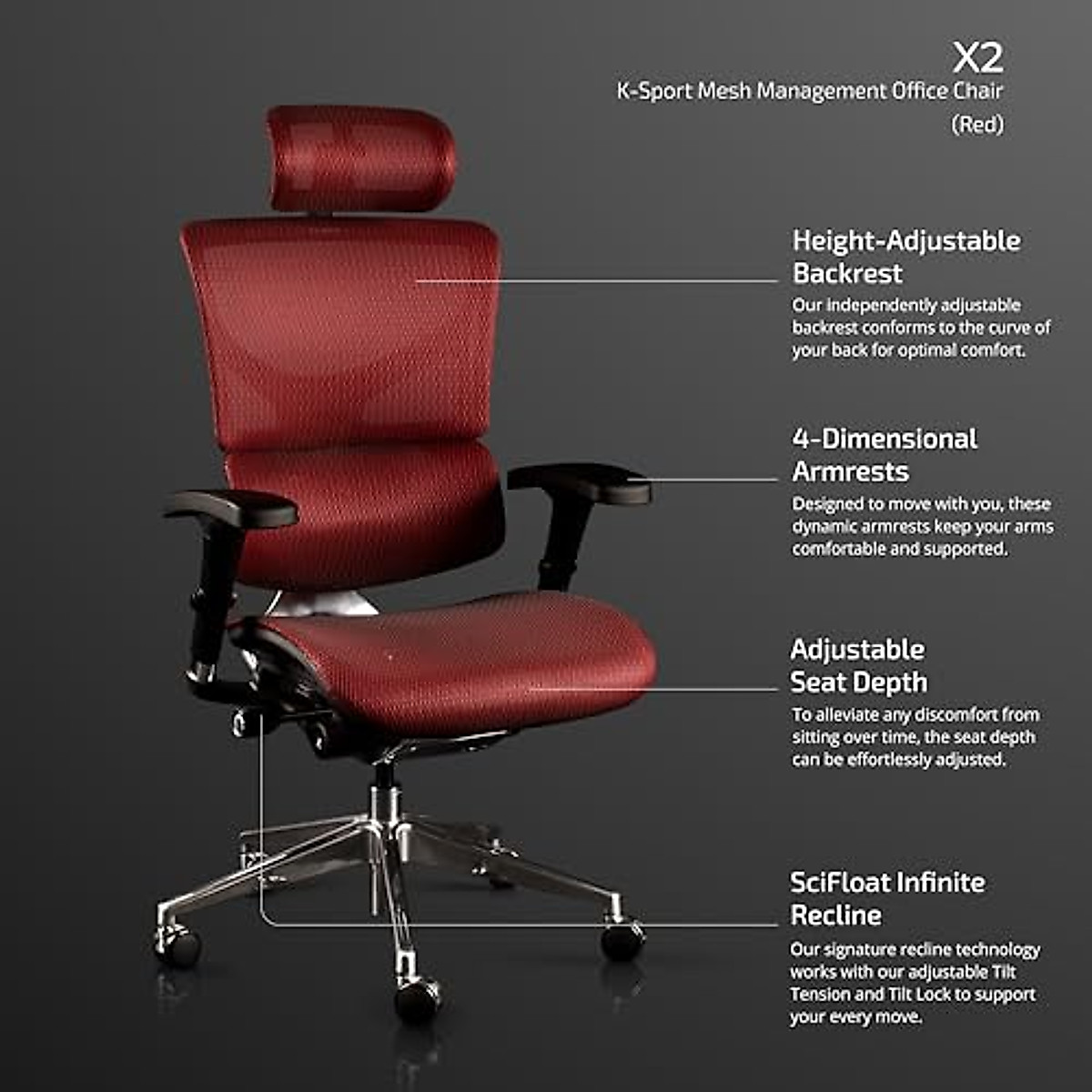X-Chair X2 Management Task Chair, Red K-Sport Mesh Fabric with Headrest - Ergonomic Office Seat/Dynamic Variable Lumbar Support/Floating Recline/Highly Adjustable/Perfect for Long Work Days