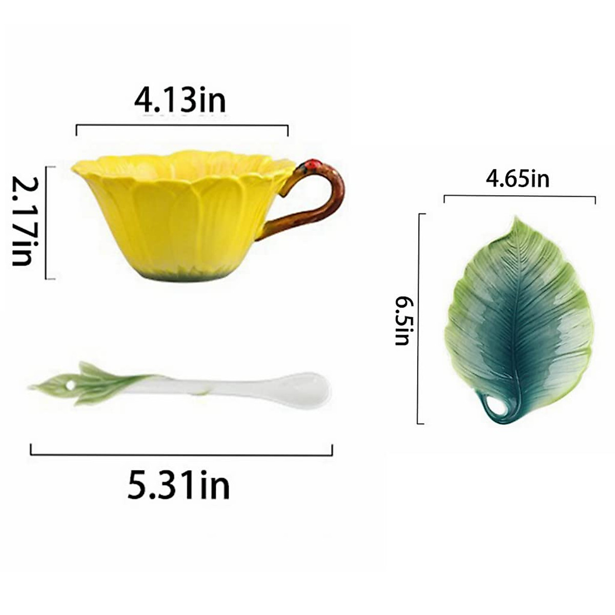 Beddinginn Colorful Tea Cups and Saucers, Sunflower Coffee Cup and Saucer Set with Spoon, China Hand Crafted Tea Set (Yellow)