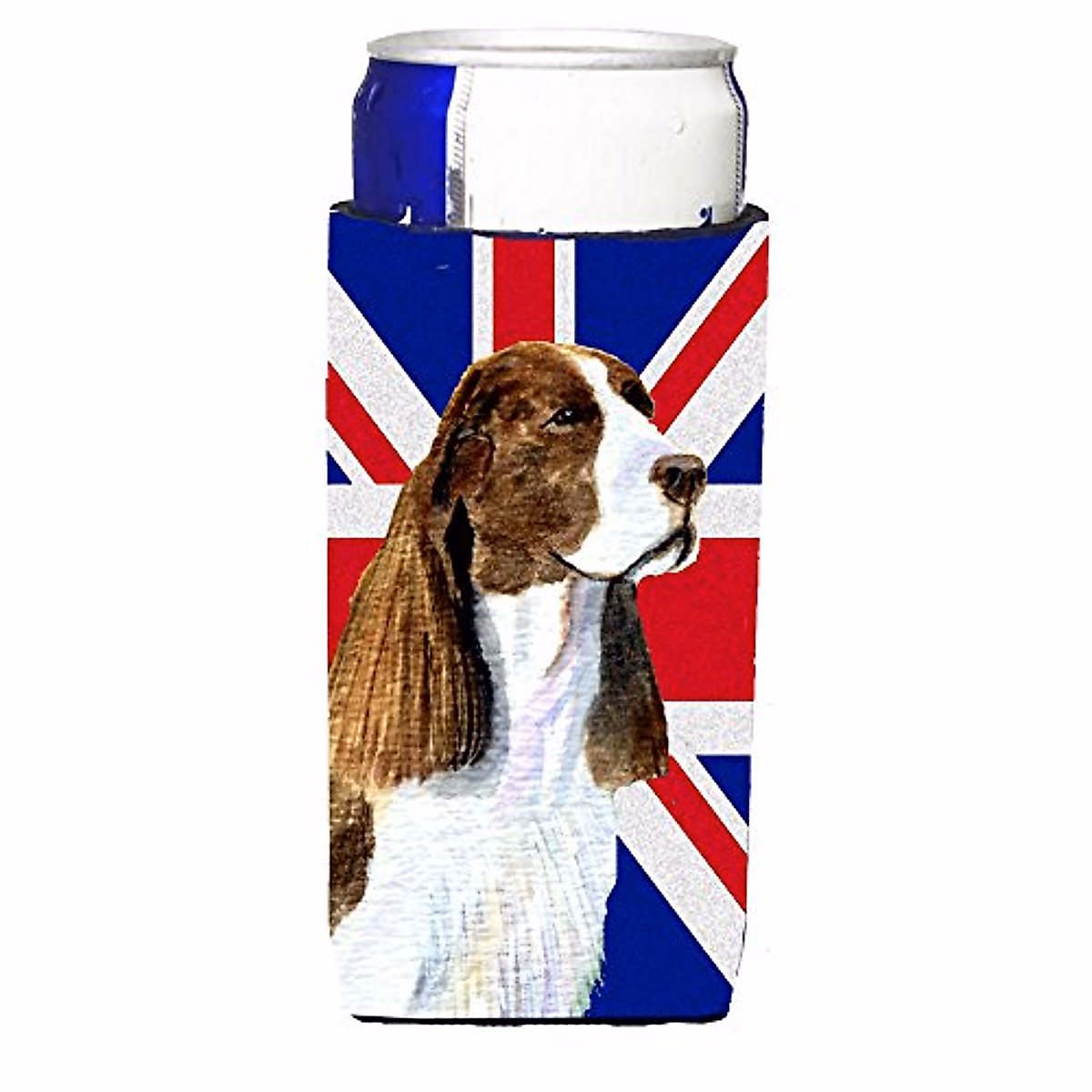 Caroline's Treasures SS4955MUK Springer Spaniel with English Union Jack British Flag Ultra Hugger for slim cans Can Cooler Sleeve Hugger Machine Washable Drink Sleeve Hugger Collapsible Insulator Beve
