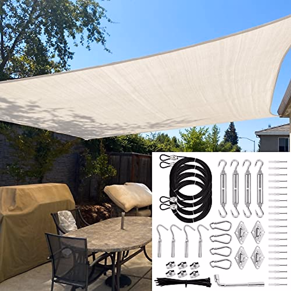 Sun Shade Sail 16'x16' Cream & Shade Sail Hardware Kit with Nylon Coated Cable Wire