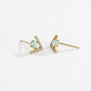 S925 18K Gold Plated Dainty Opal Stud Earrings Cubic Zirconia Chevron Accented Green Opal Sterling Silver Women's Earrings