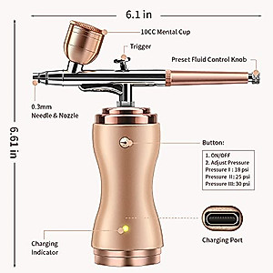 Airbrush Kit with Compressor 30PSI Portable Airbrush Gun Rechargeable Handheld Cordless Air Brush for Nails Art, Painting, Cake Decor, Cookie, Mode, Makeup, Barber (Gold)
