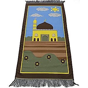 Modefa Turkish Islamic Prayer Rug - Thin Praying Carpet for Boys and Girls - Small Child Size Muslim Prayer Mat for Young Kids - Ramadan or Eid Gift - Floral Masjid & Kaba (Floral Masjid - Brown/Blue)