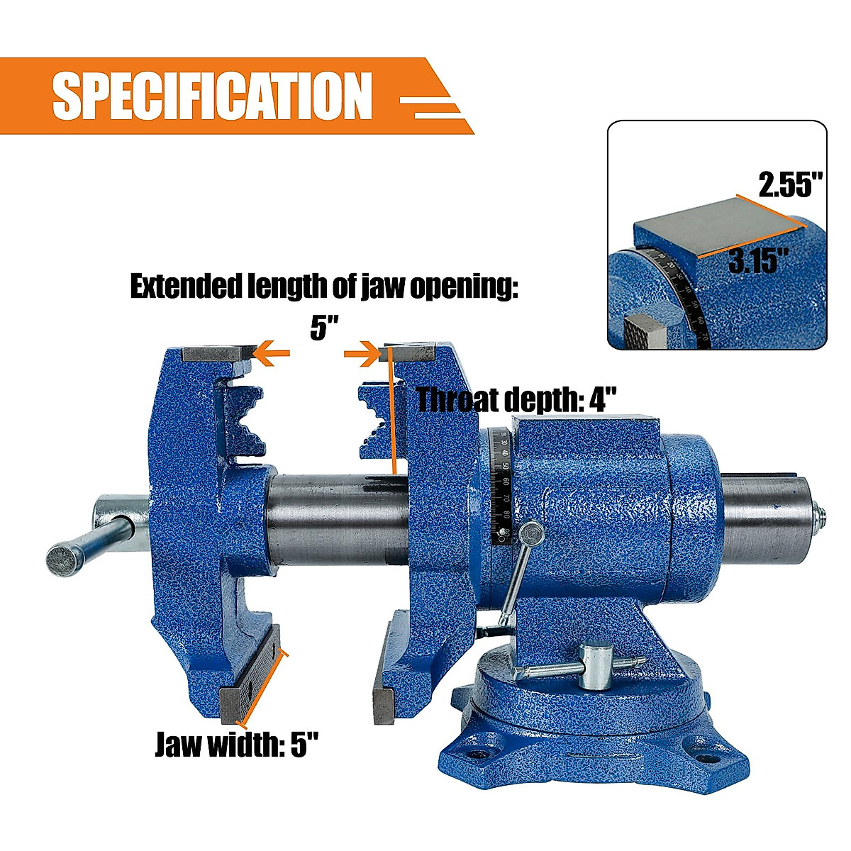 EASYBERG 5" Bench Vise with 5 inch Jaw Width 5 inch Jaw Opening 4 inch Throat Depth Ductile Iron, Multi-Purpose 360 Degree Head and Swivel Base Bench Vice with Anvil and Scale