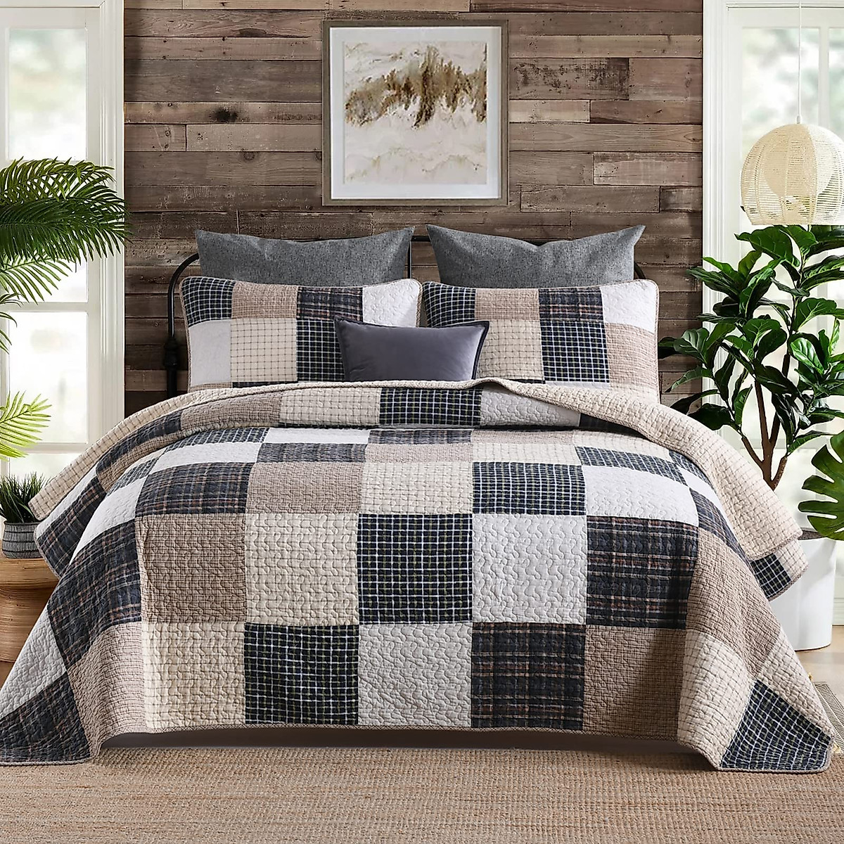 SahSahCasa Quilt King Size, King Quilt Set, 100% Cotton King Quilt Bedding Set Bedspread, Patchwork Farmhouse Quilt, Plaid Lightweight Rustic Quilts Comforter for King Bed, Beige, for All Season