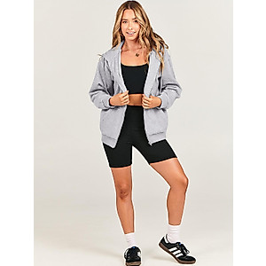 Caracilia Womens Zip Up Hoodies Oversized Long Sleeve Sweatshirts Y2K Hoodie for Teen Girls 2024 Fall Jacket Preppy Clothes Light Grey Large