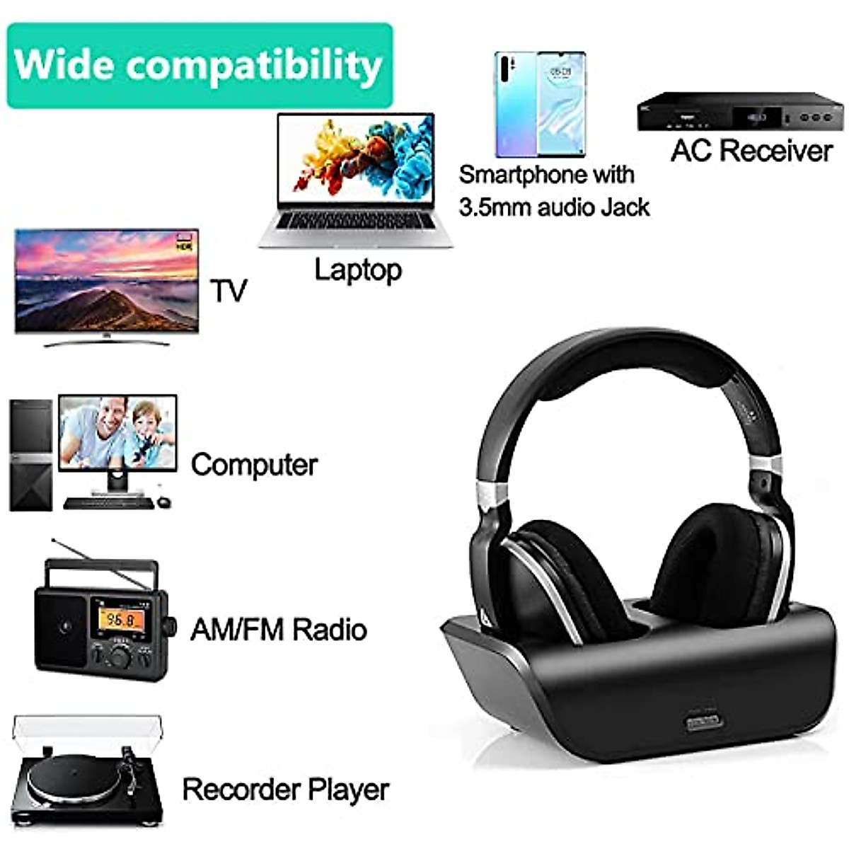 MONODEAL Wireless TV Headphones, Over Ear Headsets for TV Watching with Charging Dock, 2.4GHz RF Transmitter, 100ft Wireless Range and Rechargeable 20 Hour Battery, Black