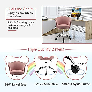 Giantex Kids Desk Chair, Comfy Home Office Task Chair with Wheels, Upholstered Velvet Seashell Back Vanity Chair, Cute Modern Computer Chair for Girls, Adjustable Swivel Rolling Arm Chair, Pink