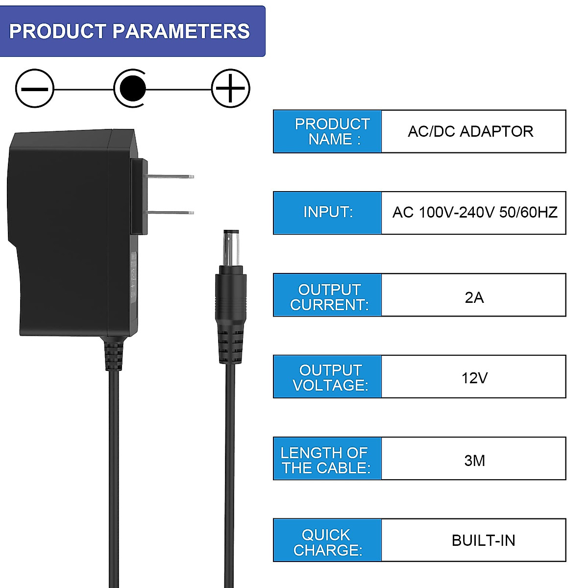 12V 2A AC Adapter Charger Replacement with 10 Tips, Regulated 12 Volts 2000mA Power Supply Cord for LED Strip Light, CCTV Camera, BT Speaker, GPS, Webcam, Router, DC12V Transformer (9.85ft)