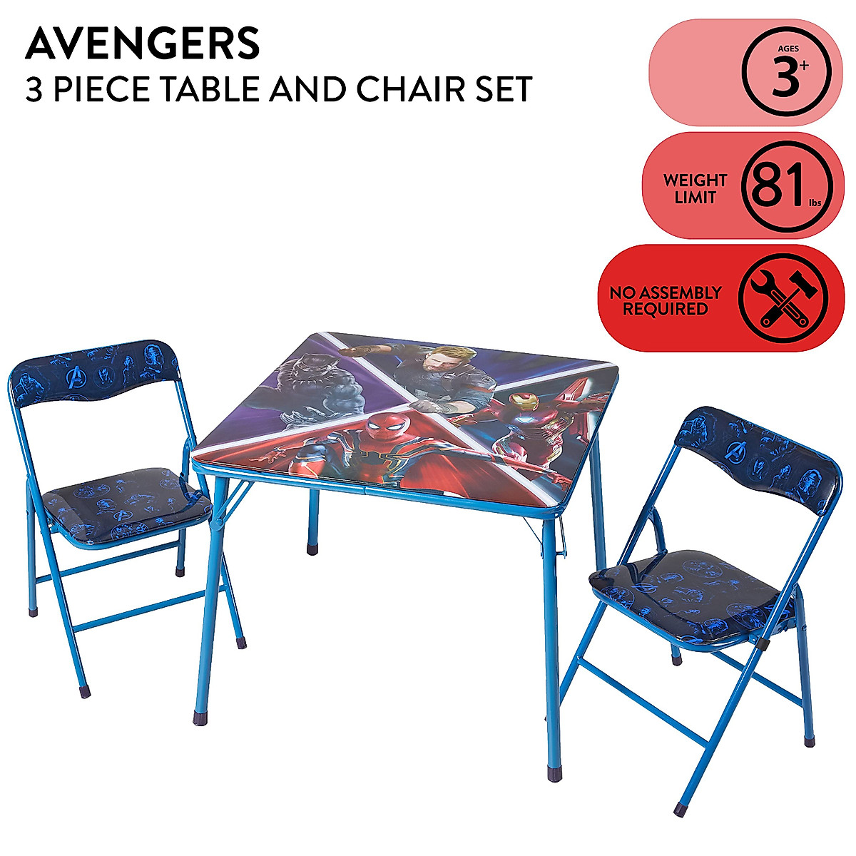 Marvel Avengers Infinity War 3 Piece Children's Activity Square Table and Chair Set, Ages 3+