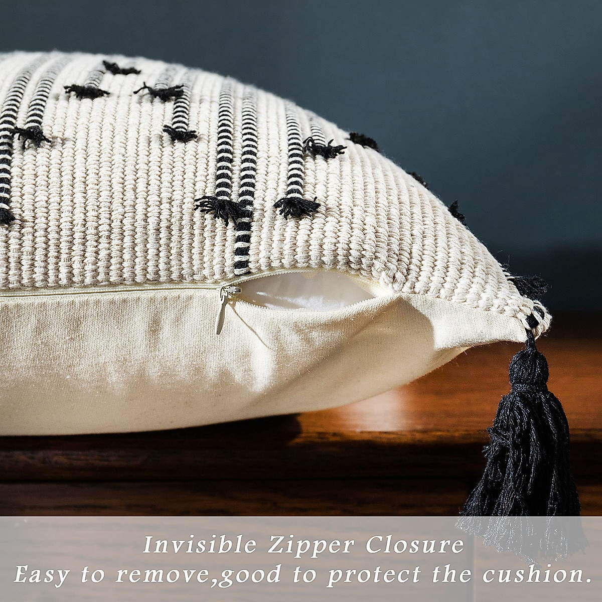 LIGICKY Boho Lumbar Pillow Covers Decorative Woven Tassel Throw Pillows Rectangle Pillow Sham Black and Off White Pillowcase for Couch Sofa Bed Car 12x20 Inch