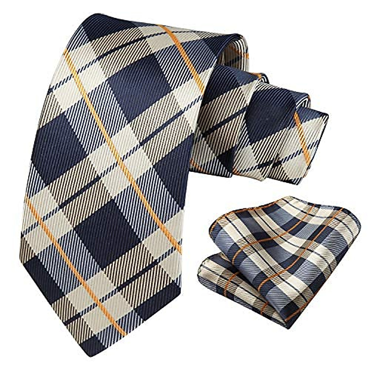 HISDERN Ties for Men Brown Plaid Tie Pocket Square Set Extra Long Mens Neckties and Handkerchief Formal Silk Checkered 63'' Necktie for Business